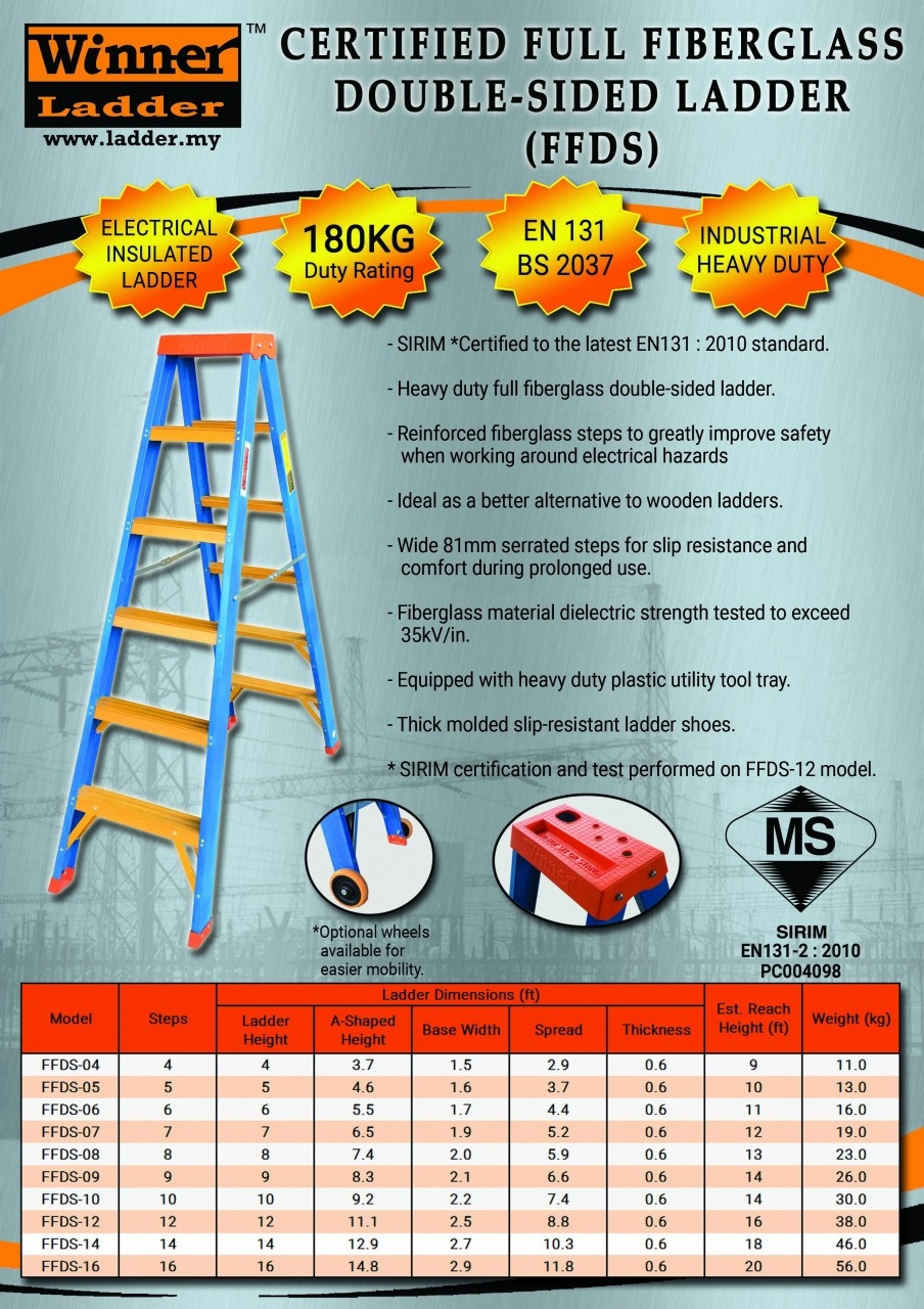 Winner Full Fiberglass Double-Sided Ladder - MYLadder Sdn Bhd